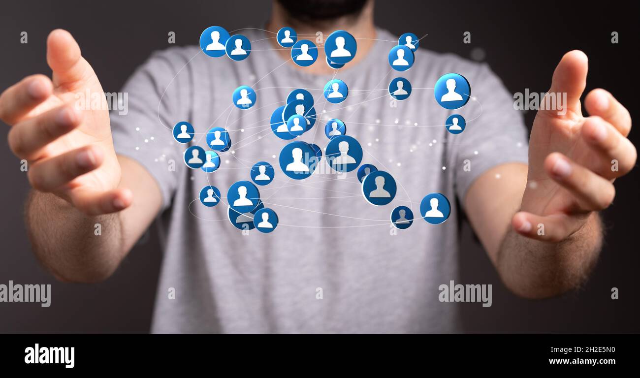 3D rendering of digital human icons with hand pointing at it from the ...