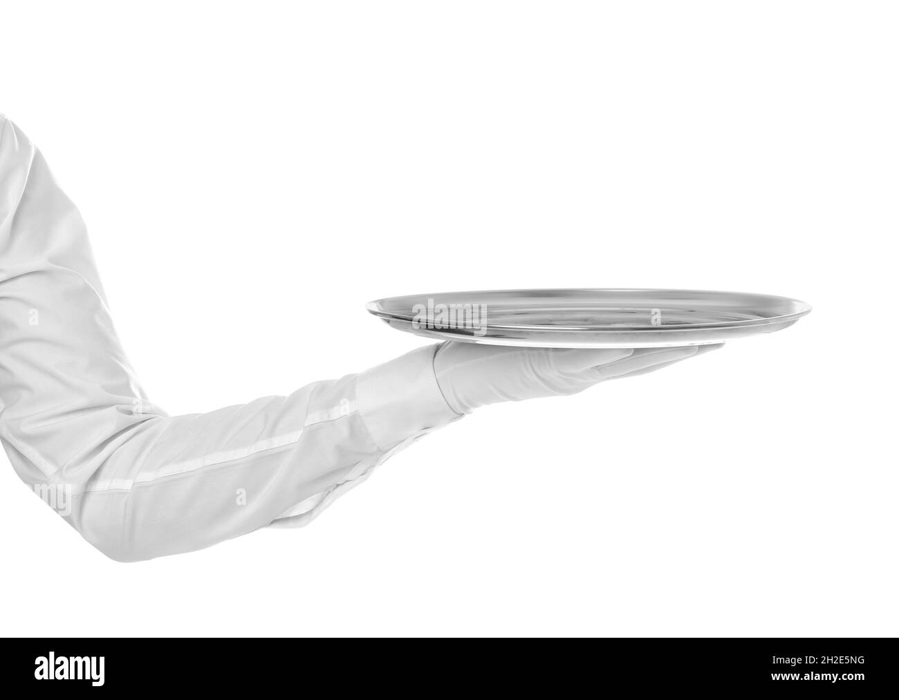 Waiter holding metal tray on white background, closeup Stock Photo - Alamy