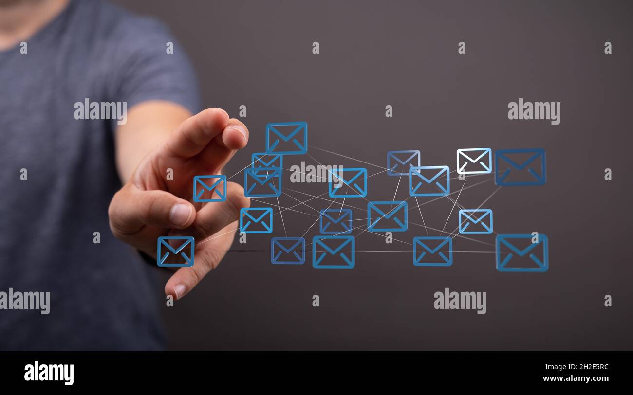 3D rendering of beige email icons concept in hand background Stock ...