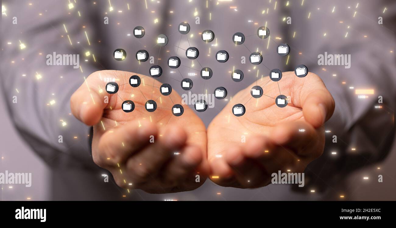 3D rendering of beige email icons concept in hand background Stock ...