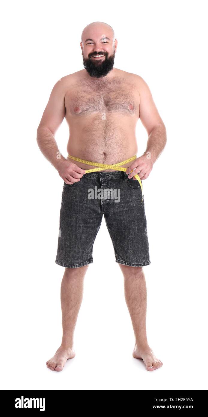 Full length portrait of fat man with measuring tape on white background ...