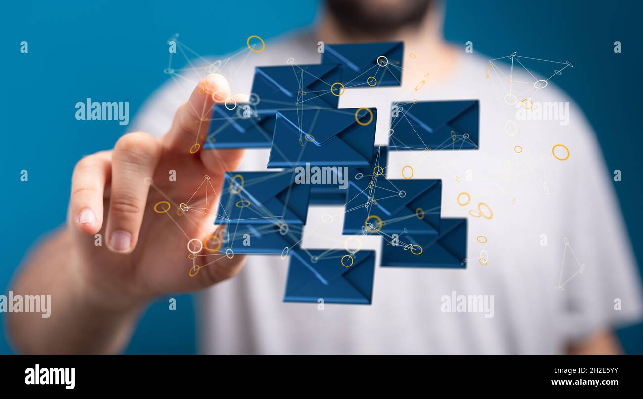 3D rendering of beige email icons concept in hand background Stock ...