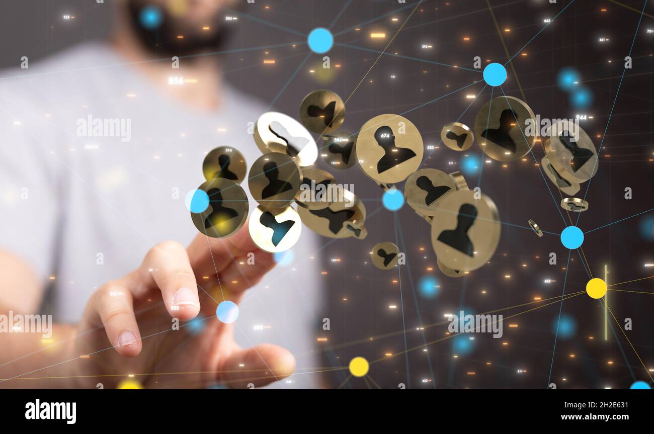 3D rendering of digital human icons with hand pointing at it from the ...