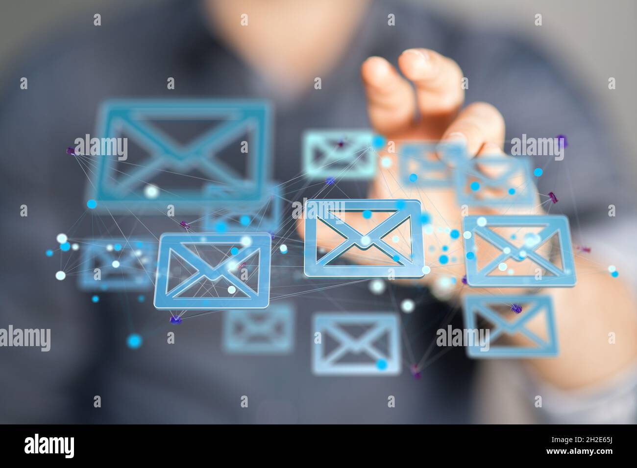 3D rendering of beige email icons concept in hand background Stock ...