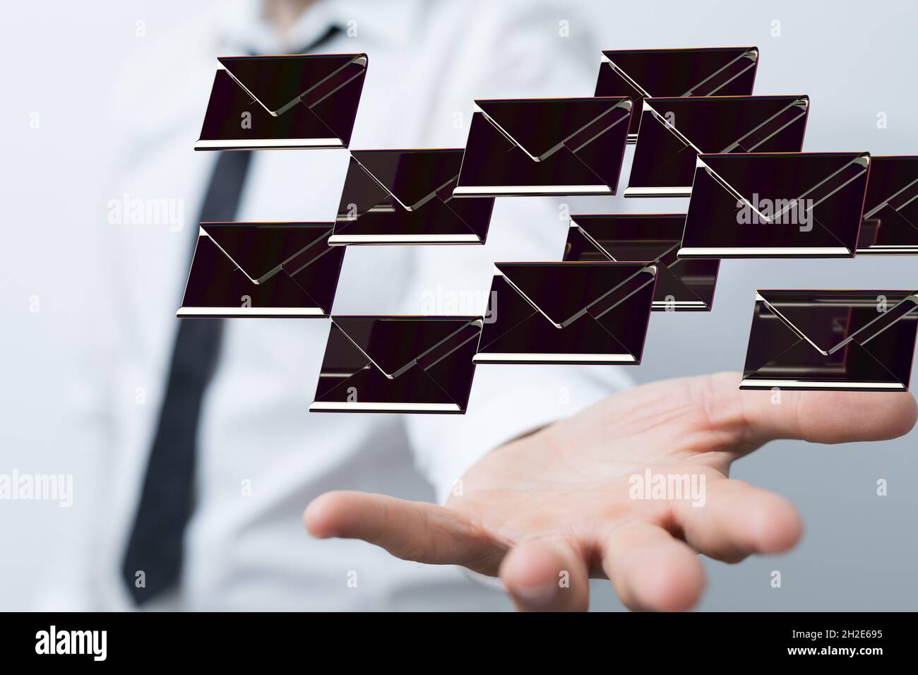 3D rendering of beige email icons concept in hand background Stock ...