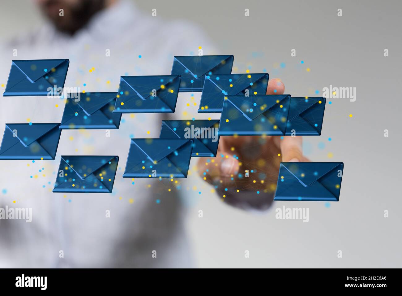 3D rendering of beige email icons concept in hand background Stock ...