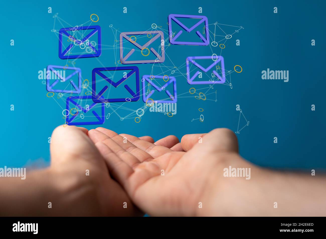 3D rendering of beige email icons concept in hand background Stock ...