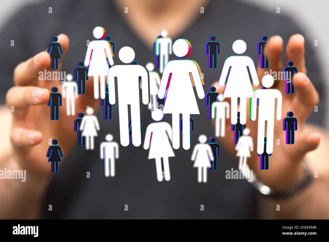 3D rendering of digital human icons with hand pointing at it from the ...