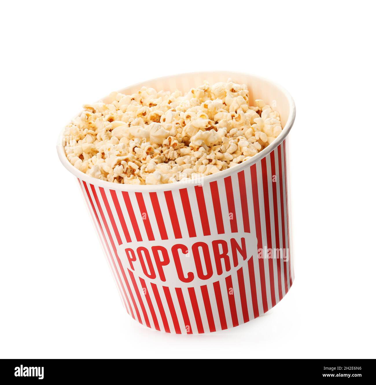 Paper bucket with of tasty popcorn on white background Stock Photo - Alamy