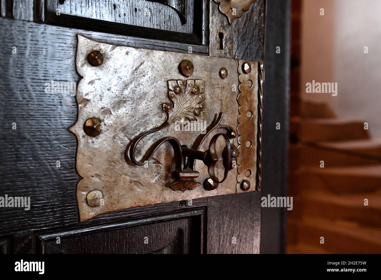 Old wooden door with ancient door locks at Château du Haut-Koenigsbourg ...