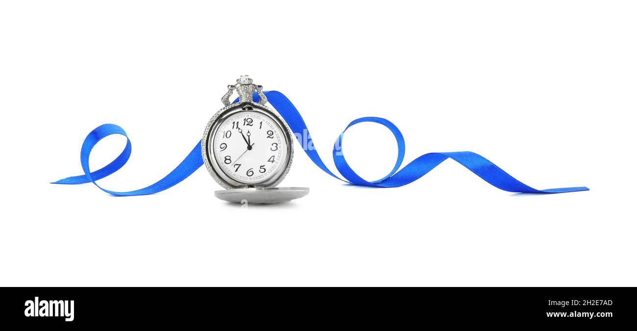 Vintage clock with ribbon on white background Stock Photo - Alamy