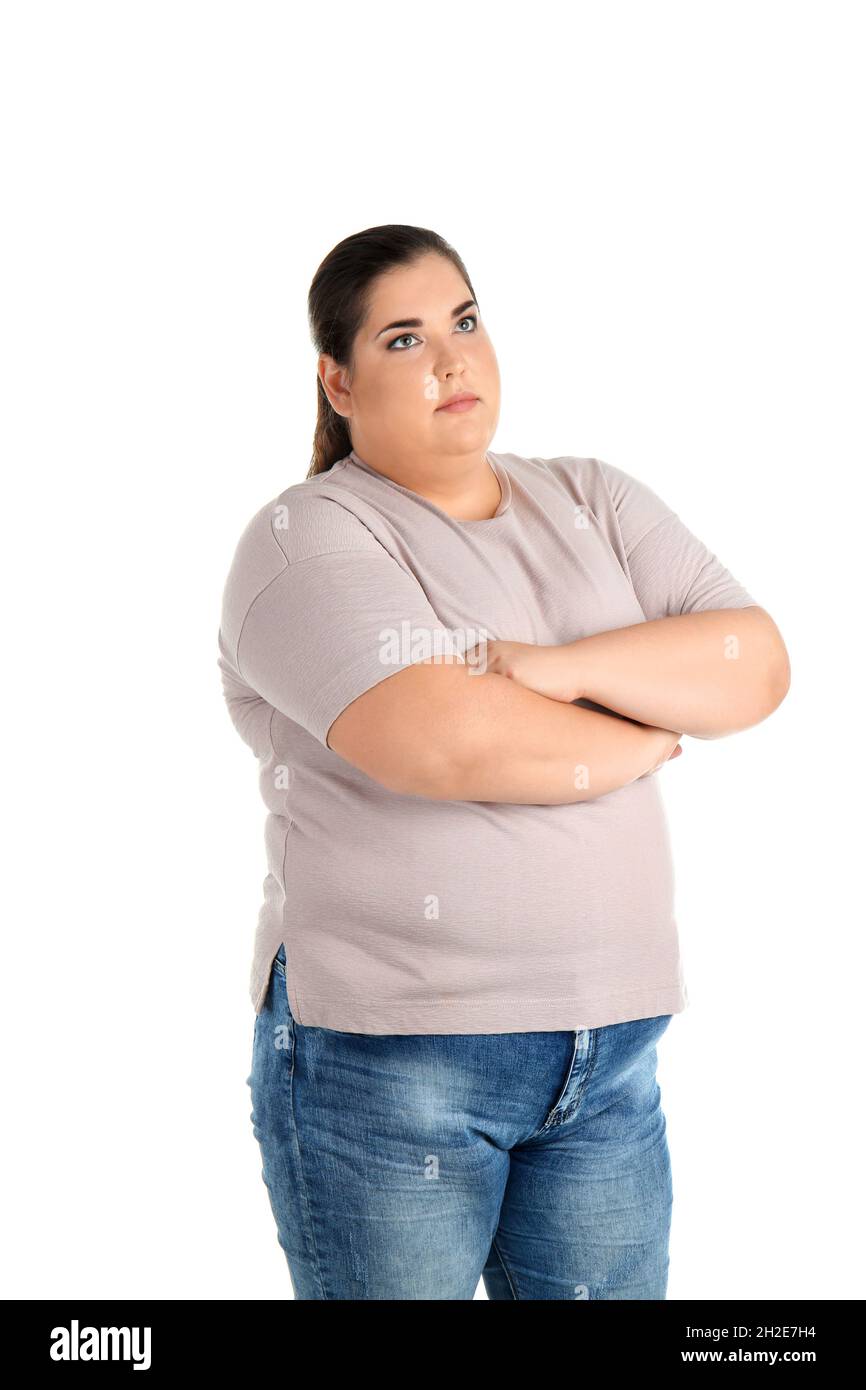 Portrait of overweight woman on white background Stock Photo - Alamy