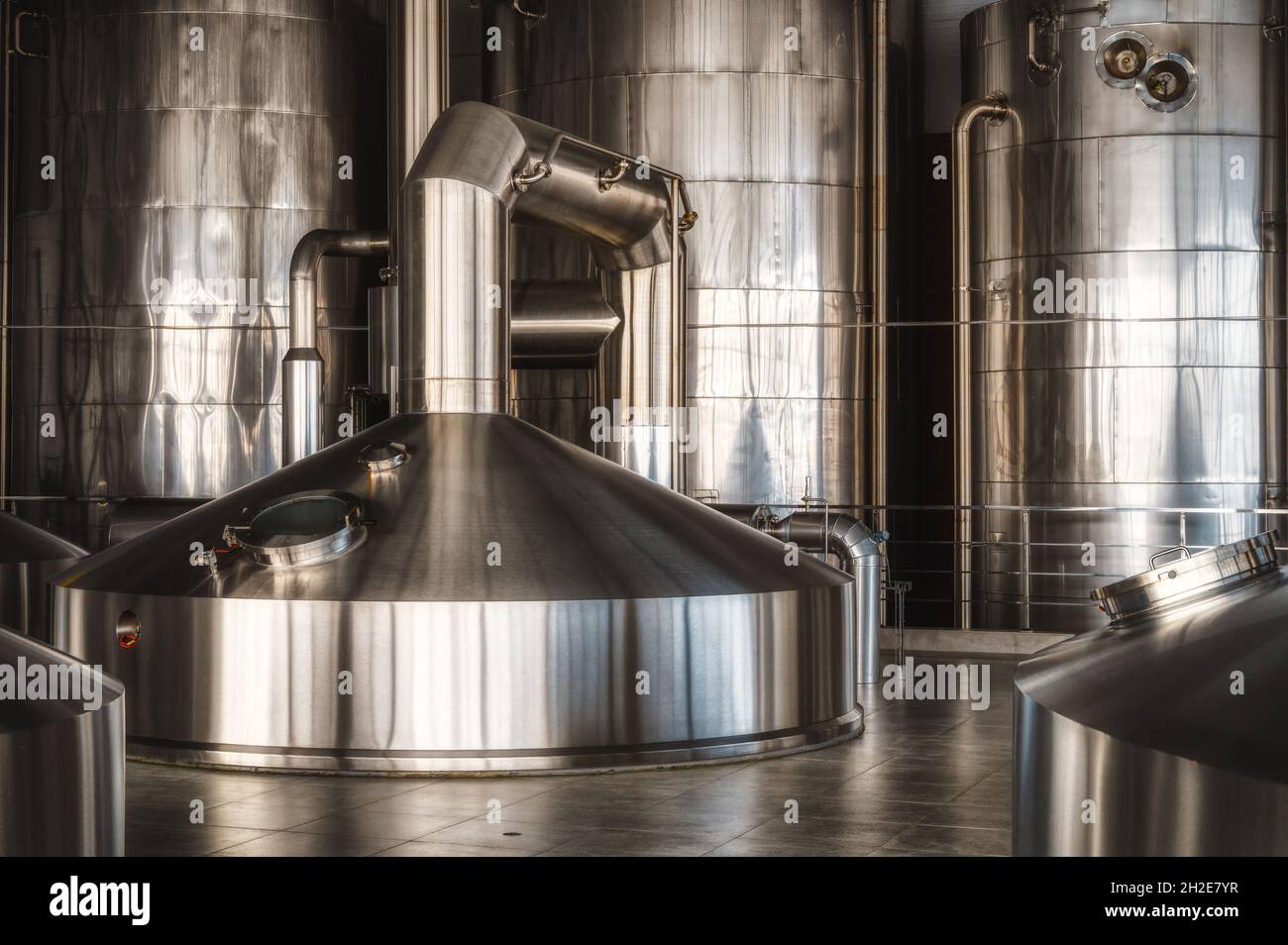 Large steel tanks for fermentation of beer drinks Industrial production ...