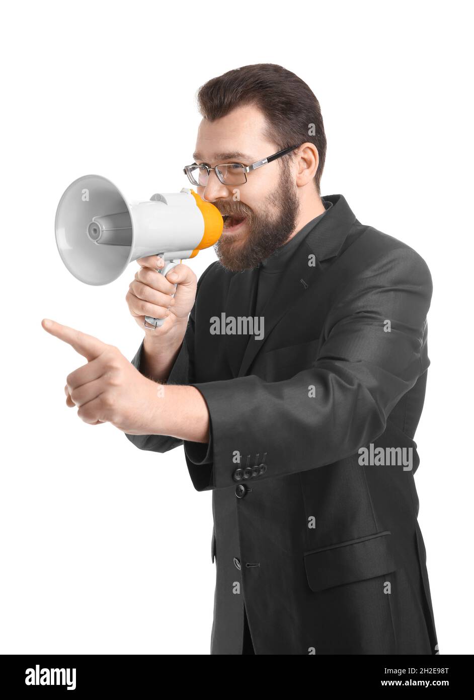 Young businessman shouting into megaphone on white background Stock ...
