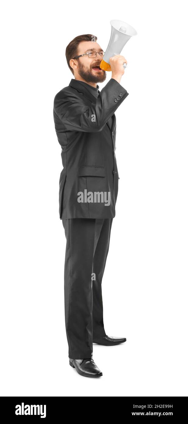 Young businessman shouting into megaphone on white background Stock ...