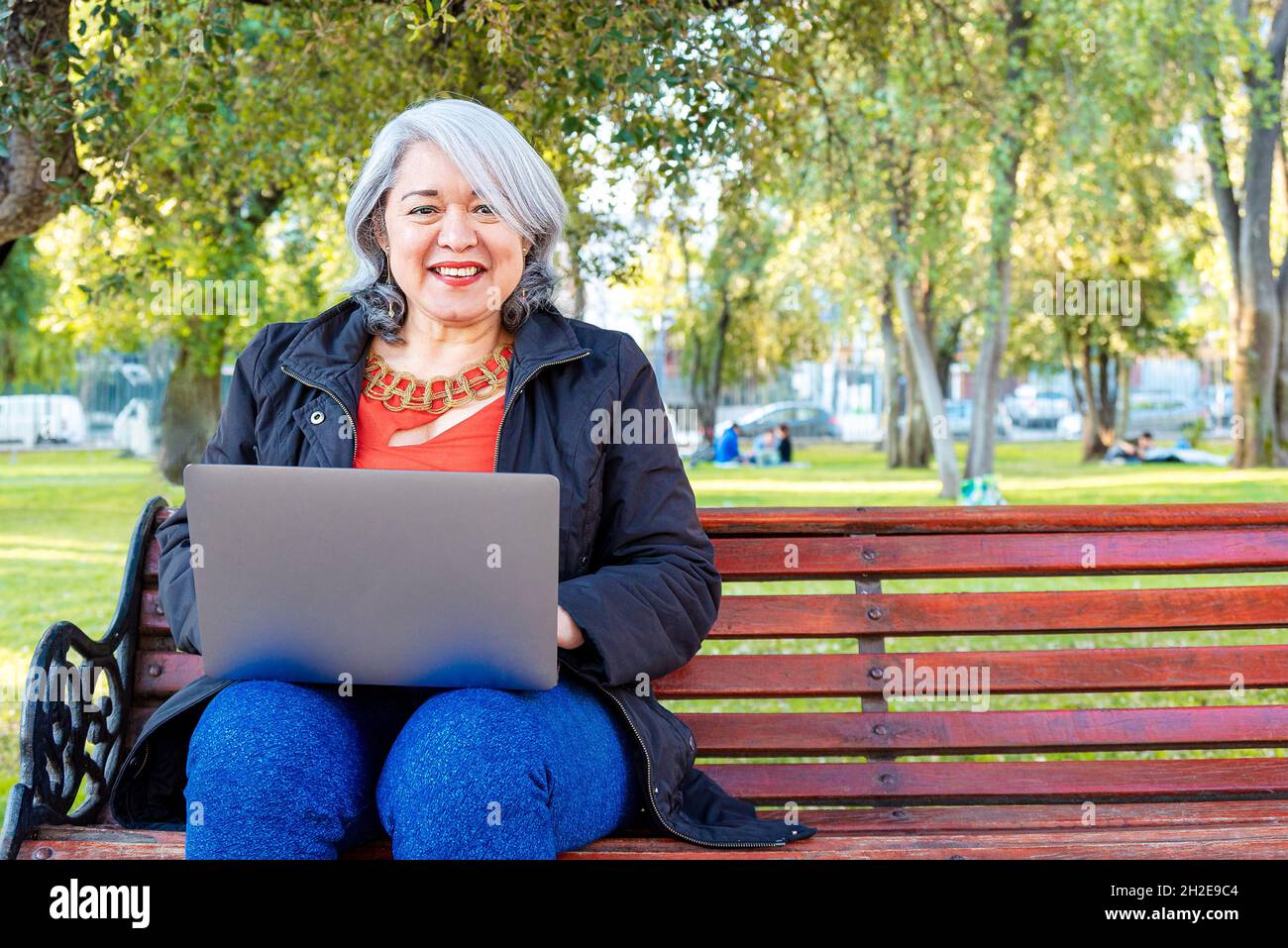 Mature woman using computer outdoor at park Stock Photo - Alamy