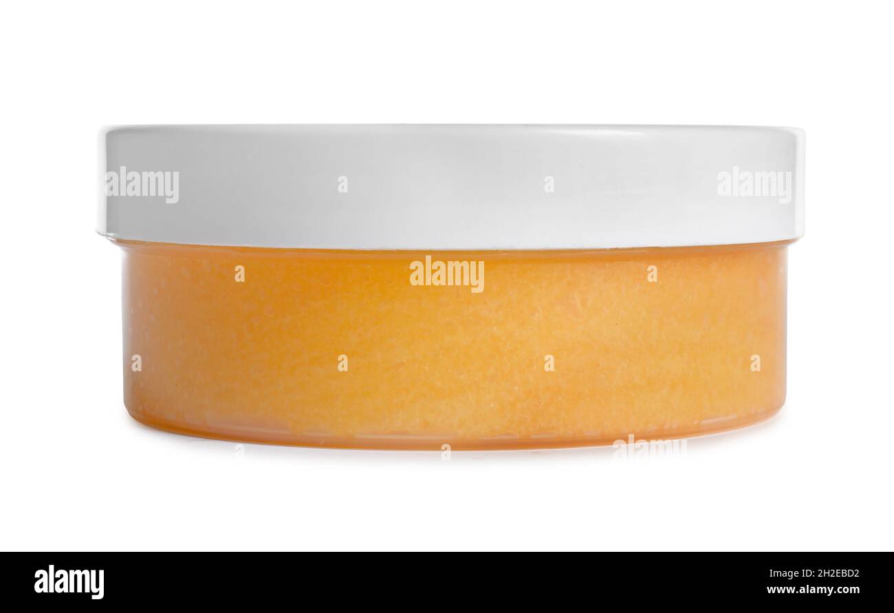 Container with natural scrub on white background Stock Photo - Alamy