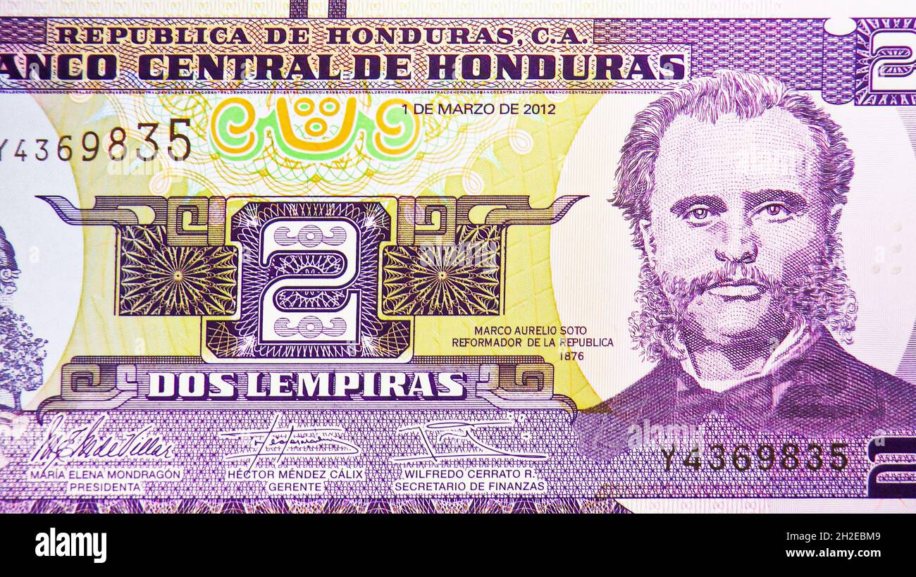 2 Lempiras banknote, Bank of Honduras, closeup bill fragment shows ...