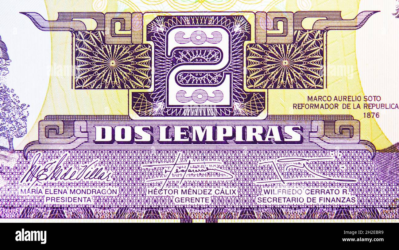 2 Lempiras banknote, Bank of Honduras, closeup bill fragment shows face ...