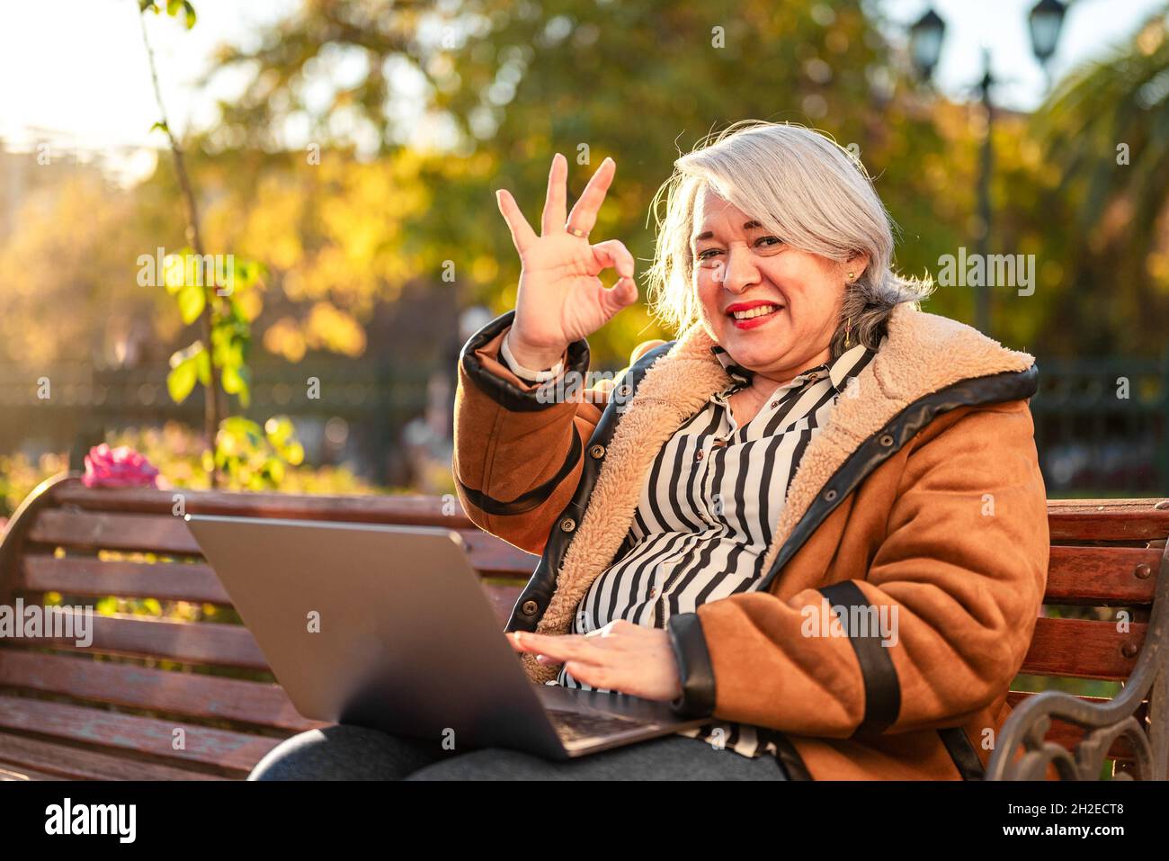 Mature woman using computer outdoor at park Stock Photo - Alamy