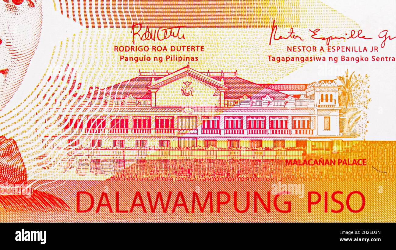 20 Piso banknote, Bank of Philippines, closeup bill fragment shows ...