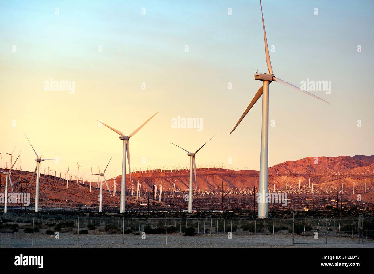 Wind turbines generating electrical power in the desert of southern ...