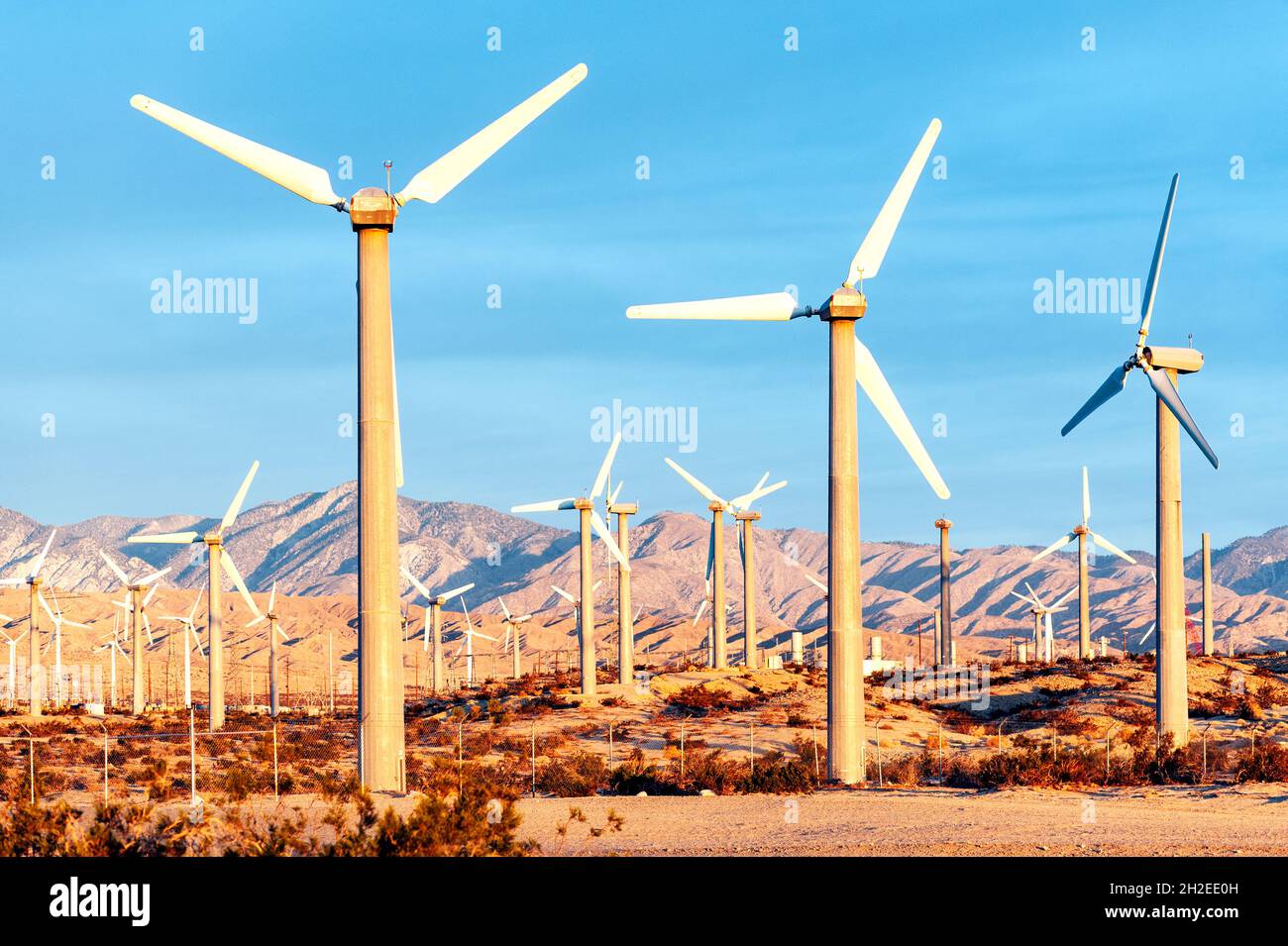 Wind turbines generating electrical power in the desert of southern ...