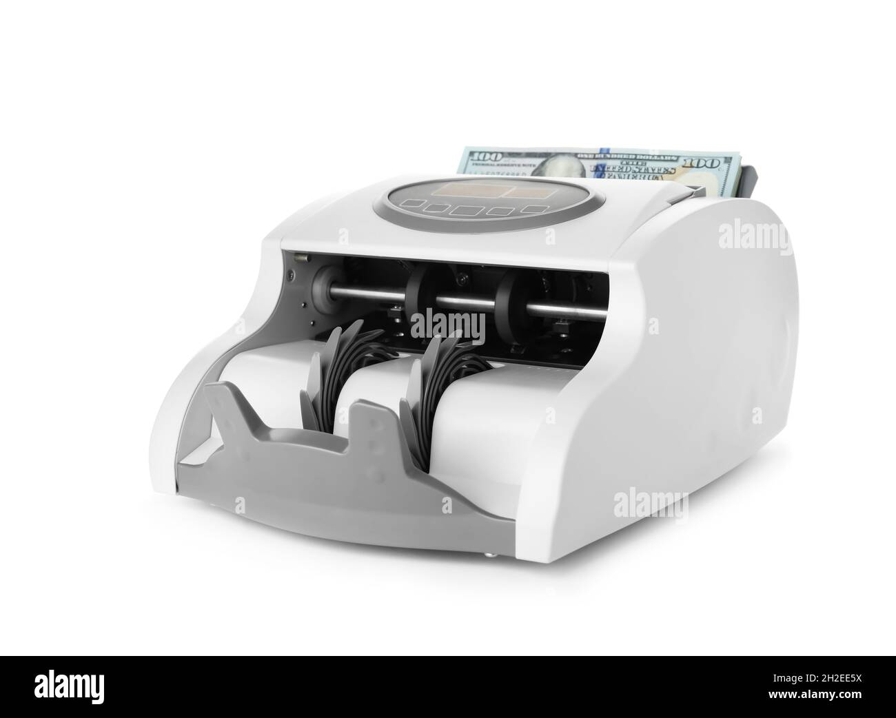 Modern electronic bill counter with money on white background Stock ...