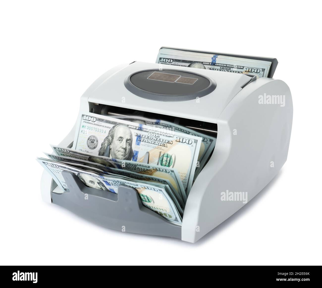 Modern electronic bill counter with money on white background Stock ...