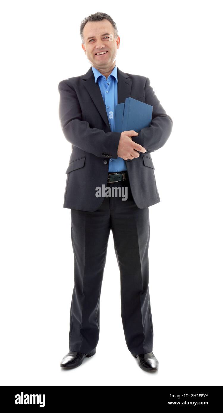 Male teacher with books on white background Stock Photo - Alamy