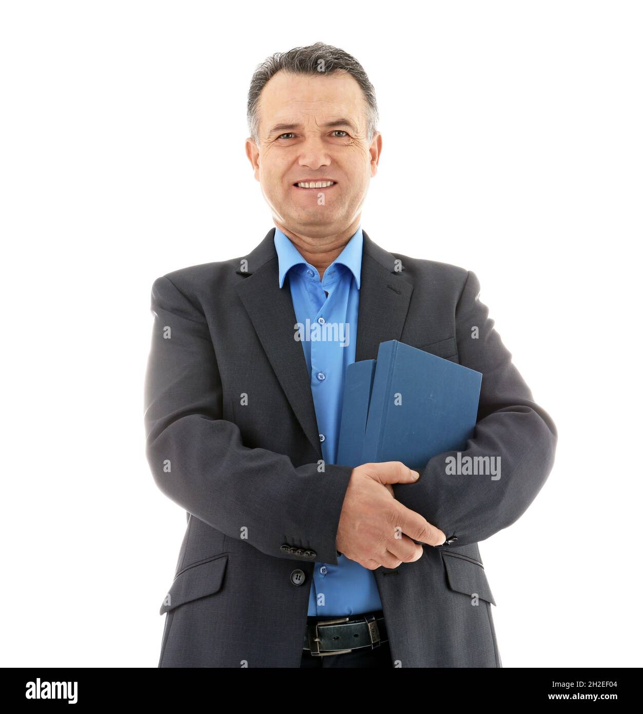 Portrait of male teacher with books on white background Stock Photo - Alamy