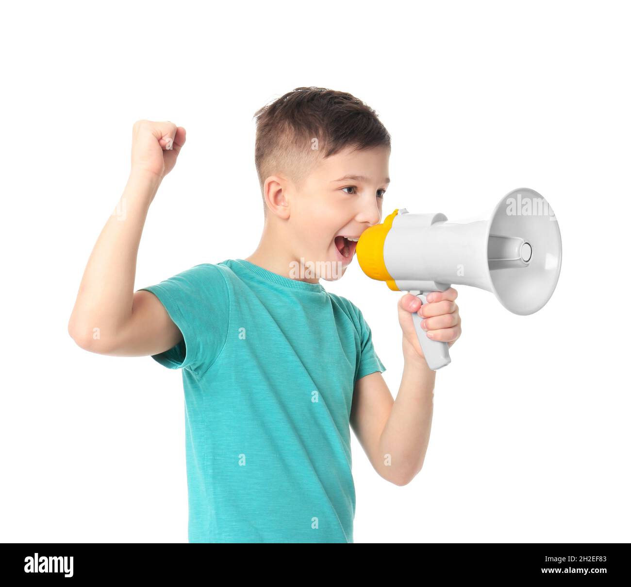 Cute little boy with megaphone on white background Stock Photo - Alamy