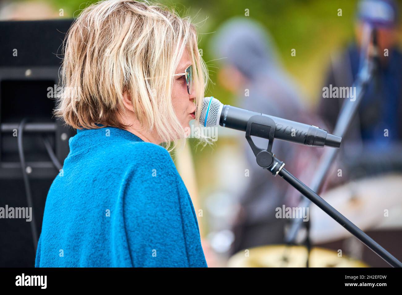 Svetlogorsk, Russia - 08.14.2021 - Female singer singing into ...