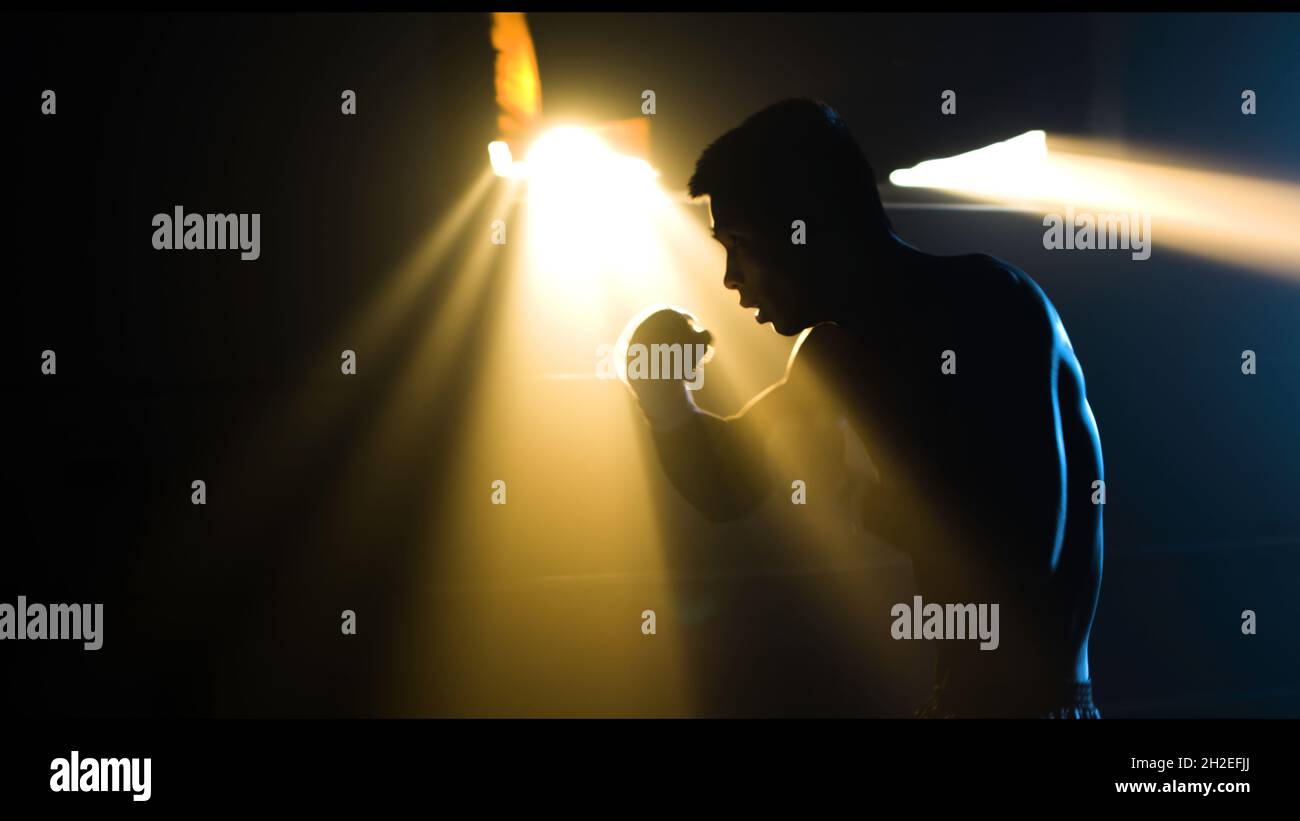 Silhouette of man athlete standing and doing shadow boxing exercises in ...