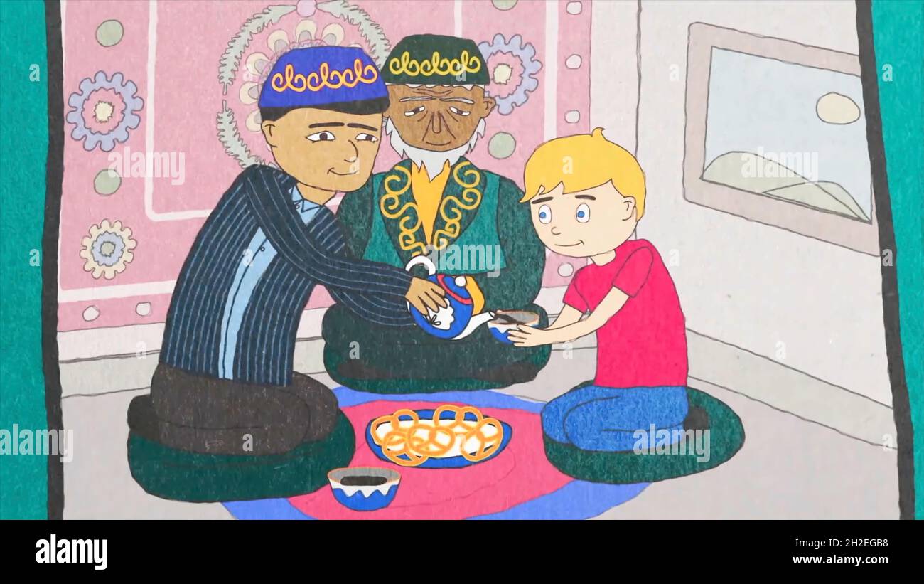 Animation of the cartoon old persons and young boy of different races ...