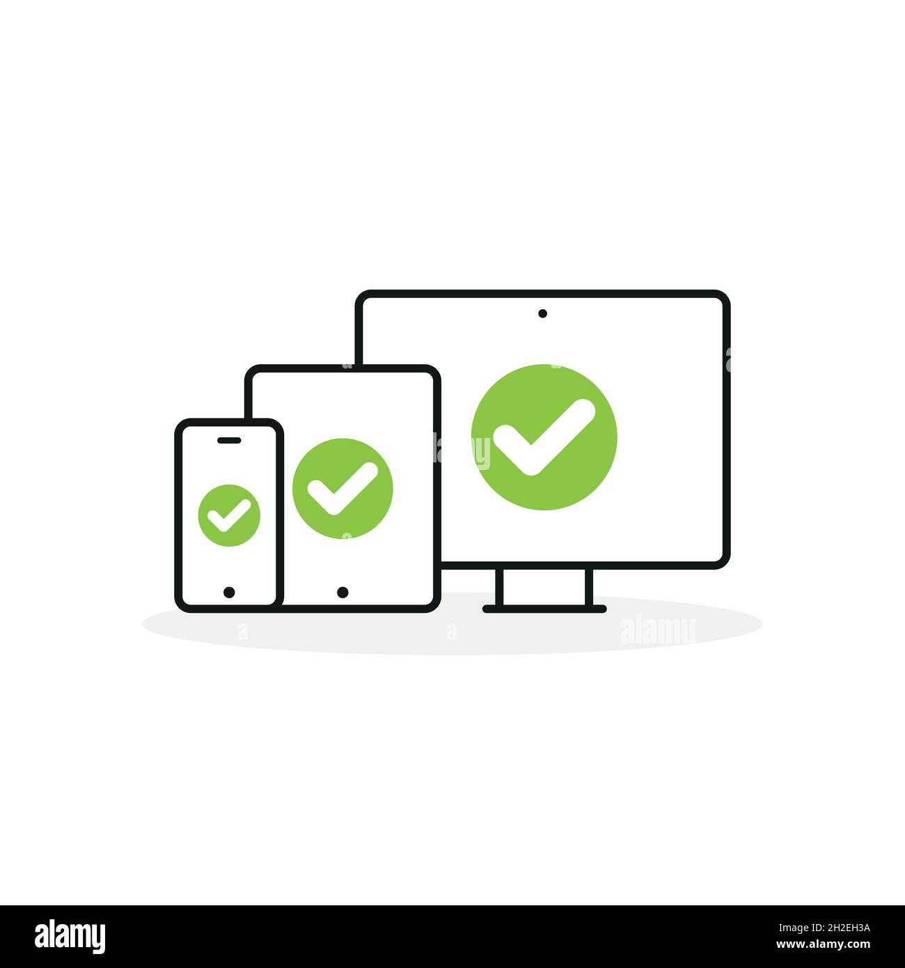Device Icons: smartphone, tablet and desktop computer. Green checkmark ...