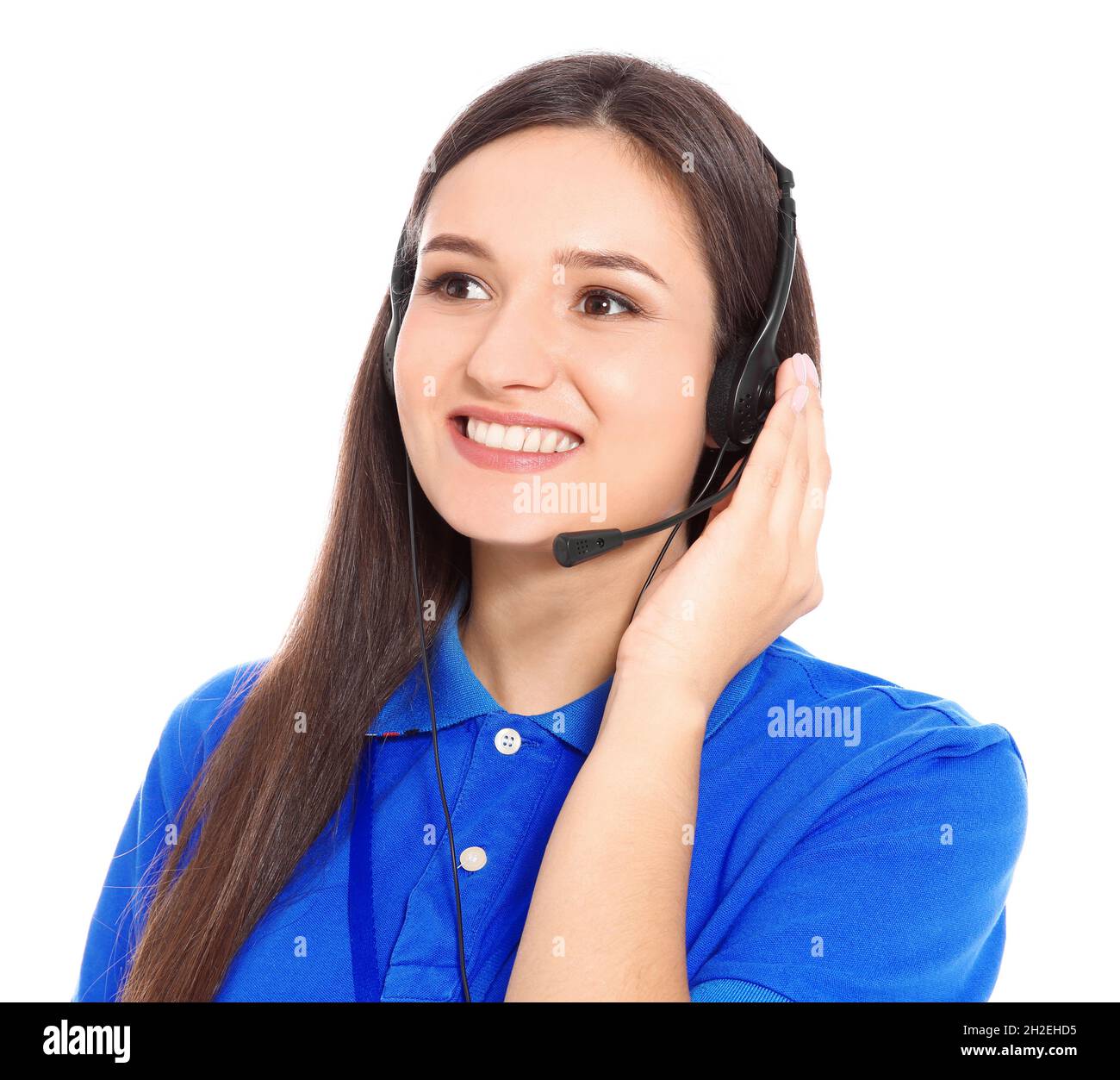 Female technical support operator with headset on white background ...