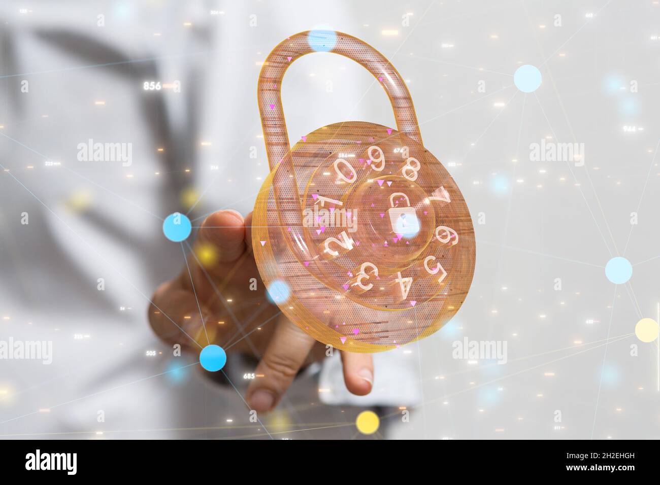 3D rendering of a digital padlock with binary codes on a hand Stock Photo - Alamy