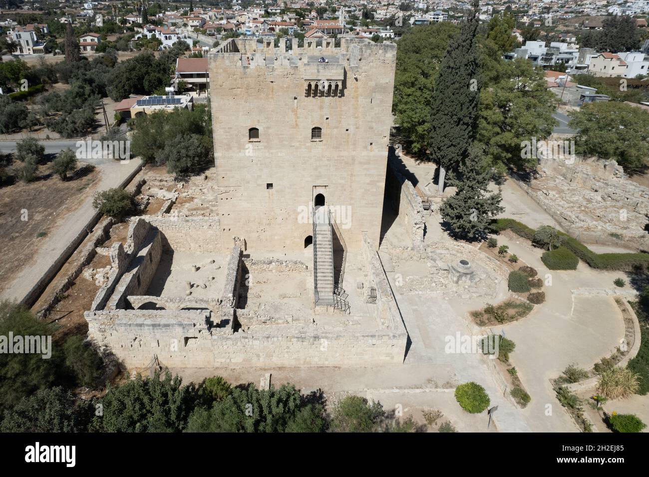 Aerial drone view of Kolossi castle fort landmark in Limassol. Cyprus ...