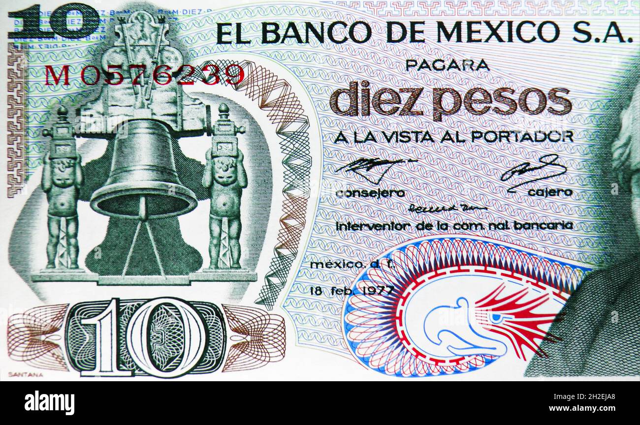 10 Pesos banknote, Bank of Mexico, closeup bill fragment shows Bell ...