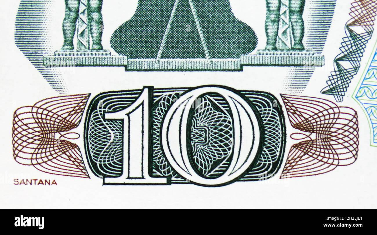 10 Pesos banknote, Bank of Mexico, closeup bill fragment shows Face ...