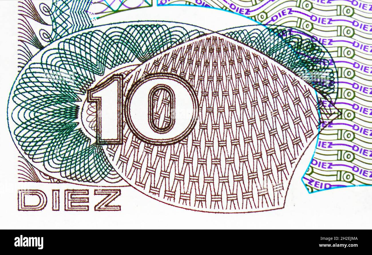 10 Pesos banknote, Bank of Mexico, closeup bill fragment shows Face ...