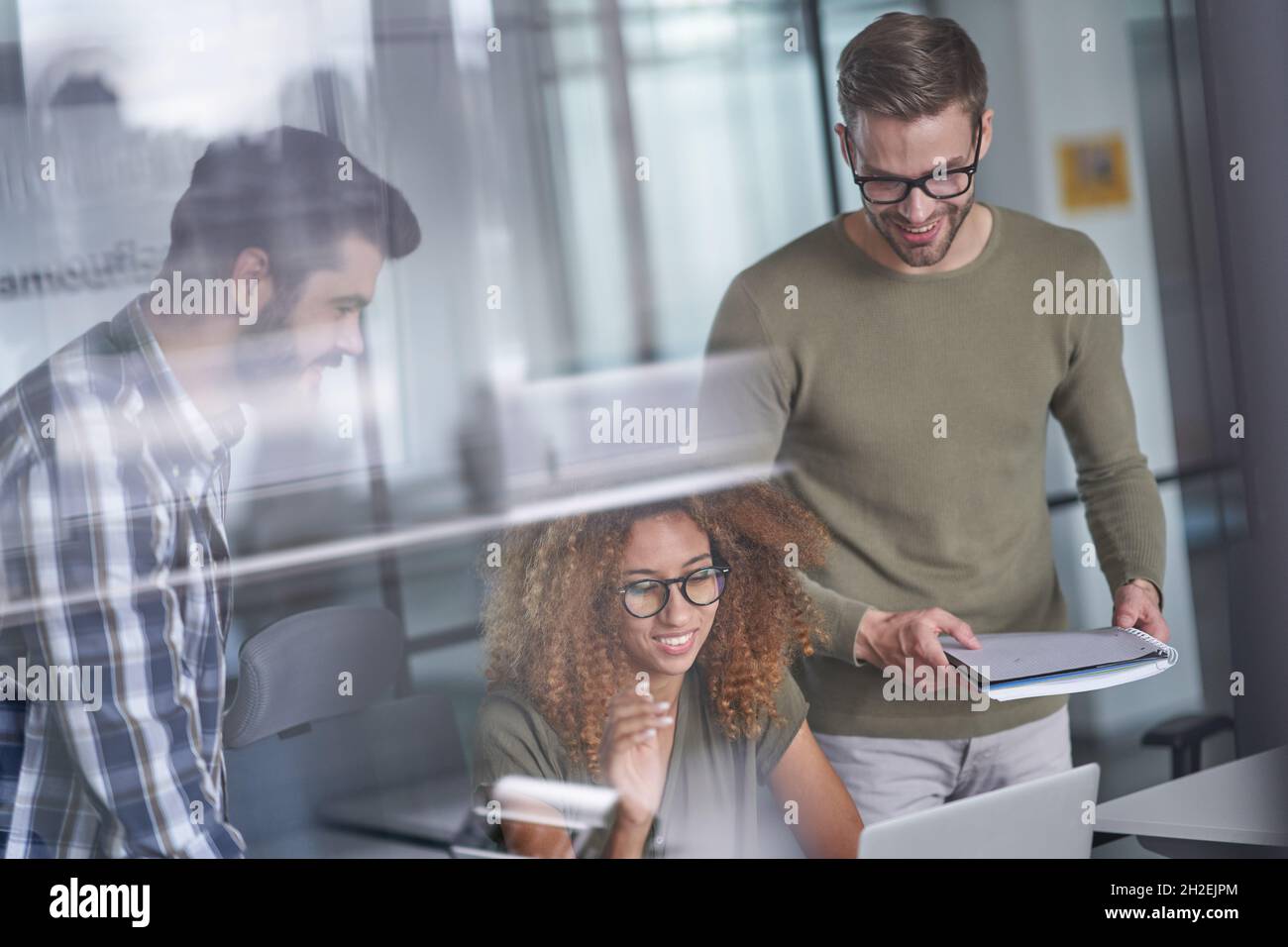Workers thinking to develop level of company Stock Photo - Alamy