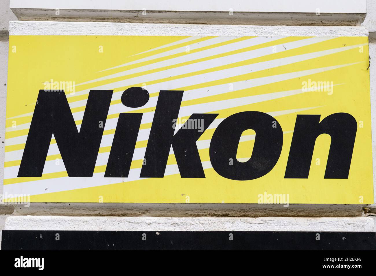 Bucharest, Romania - June 6, 2020: Nikon logo is painted on an old ...