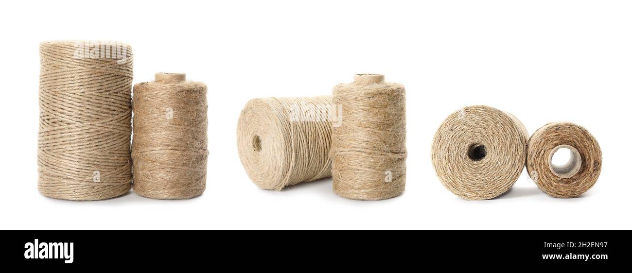Set with spools of hemp rope on white background Stock Photo - Alamy