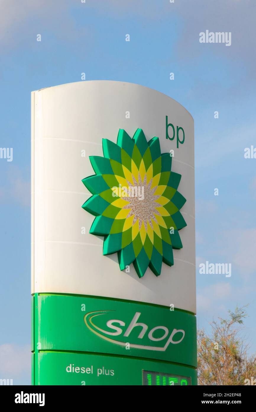 BP logo on petrol station signage in Can Pastilla near Palma Mallorca ...