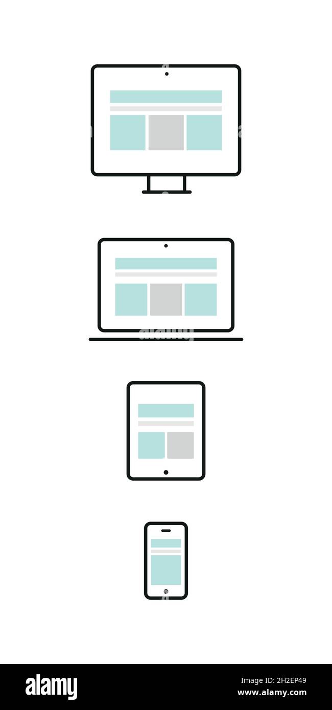 Responsive web design. Device: desktop computer, laptop, tablet and smartphone. Web development ...