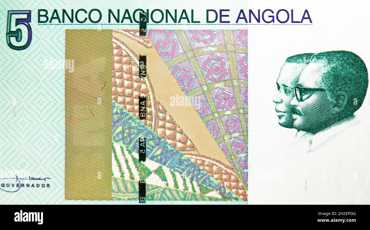 5 Kwanzas banknote, Bank of Angola, closeup bill fragment shows Jose ...