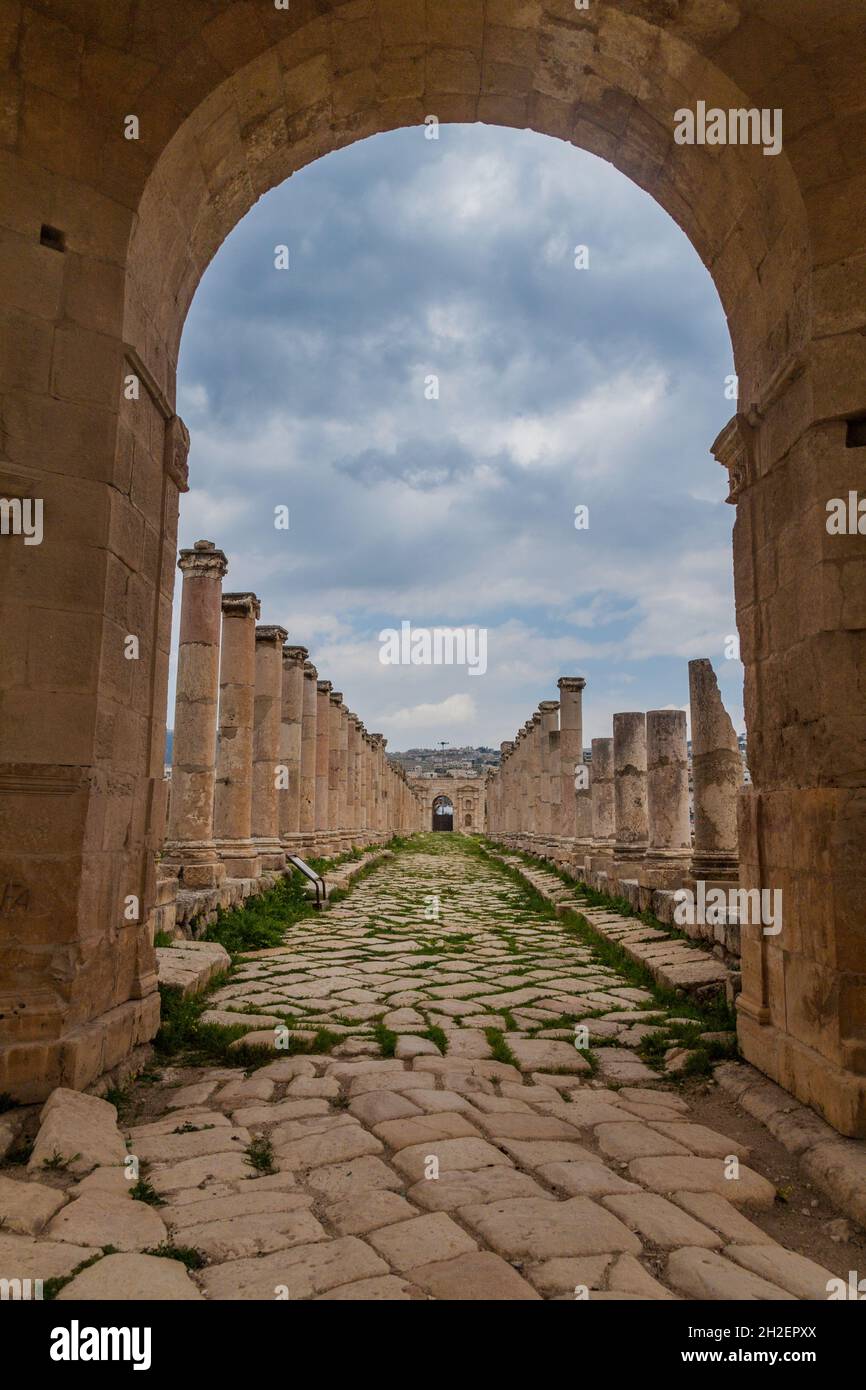 Colonnaded street and the North Gate in Jerash, viewed from the ...