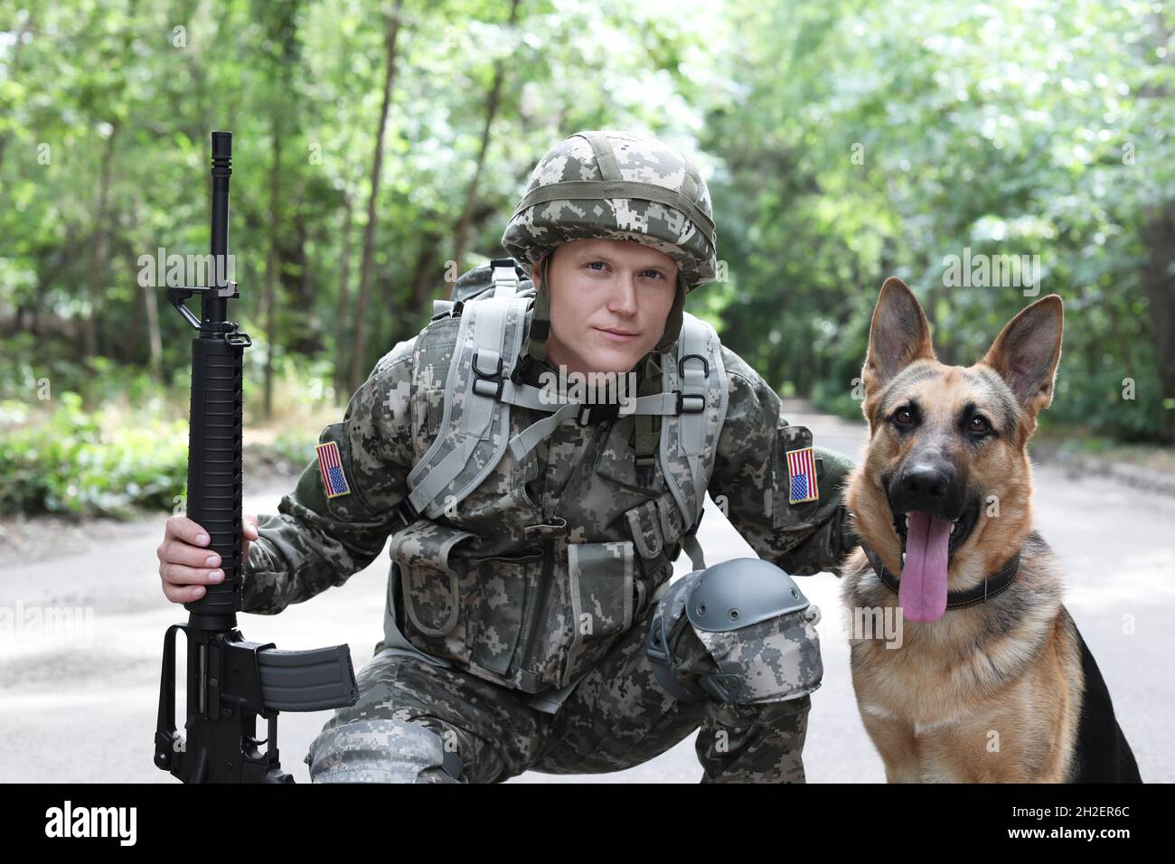 Man in military uniform with German shepherd dog, outdoors Stock Photo ...